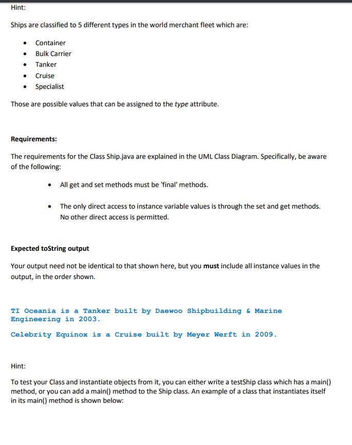 Solved Instructions Write A Java Class Named Ship To Meet