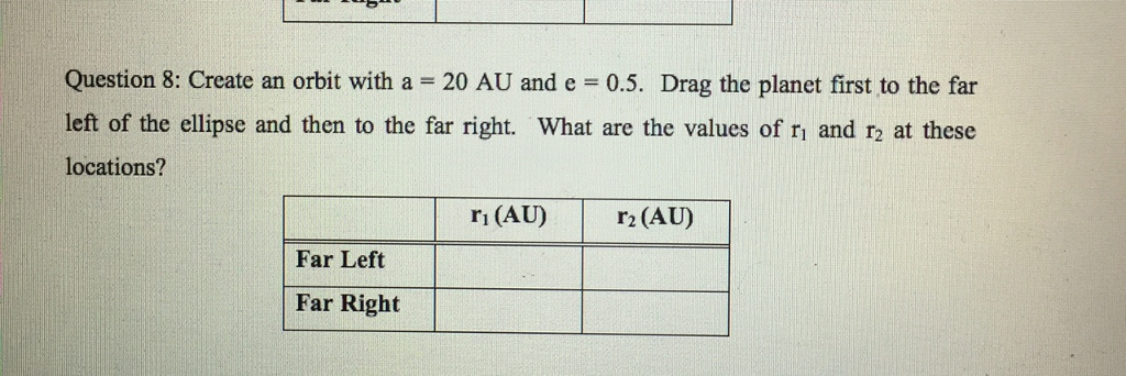 Solved Question 8: Create an orbit with a 20 AU and e 0.5. | Chegg.com