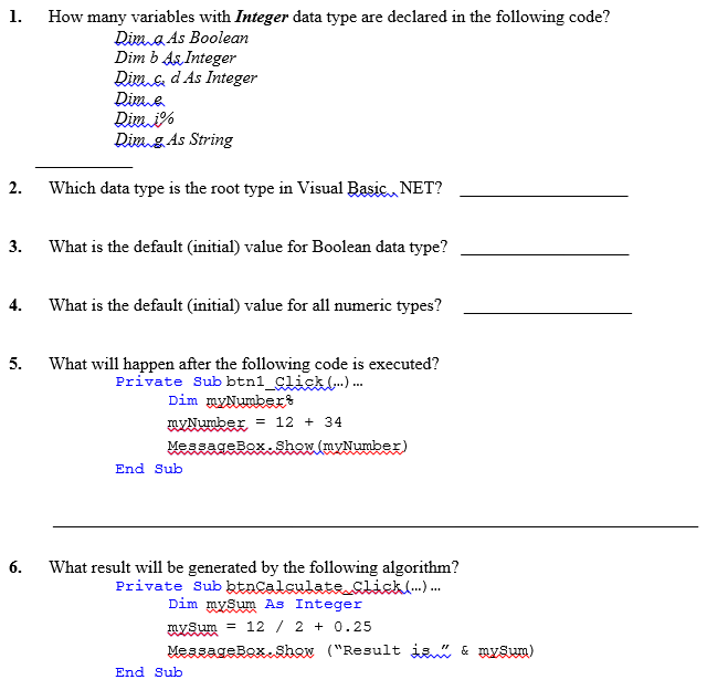 Solved 1. How many variables with Integer data type are | Chegg.com