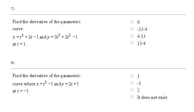 Solved Calculus 2 Parameter Questions Find the derivative of | Chegg.com