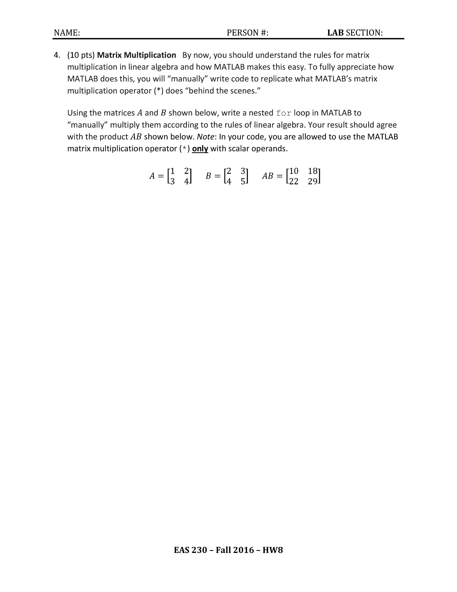 Solved NAME: PERSON #: LAB SECTION (10 pts) Matrix | Chegg.com