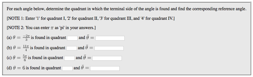 Solved For each angle below, determine the quadrant in which | Chegg.com