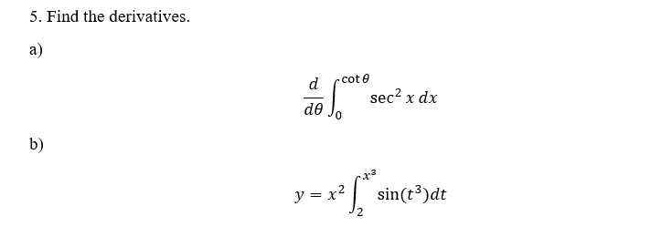 Solved Find the derivatives. d/d theta integral^cot theta_0 | Chegg.com