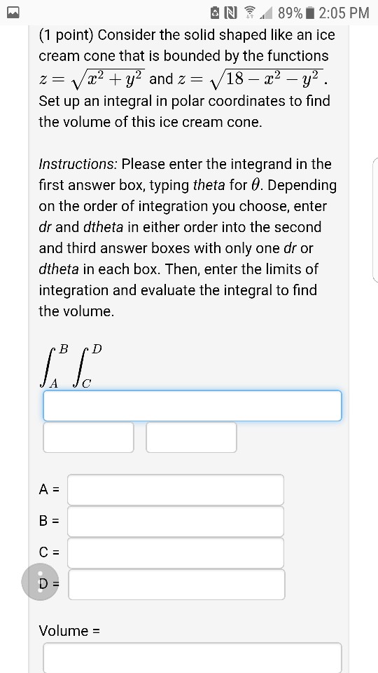 Solved 순 IE . .. 89% 12:05 PM (1 point) Consider the solid | Chegg.com Solved 순 IE . .. 89% 12:05 PM (1 point) Consider the solid | Chegg.com