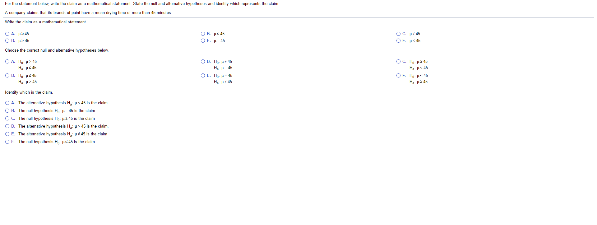 Solved For the statement below, write the claim as a | Chegg.com