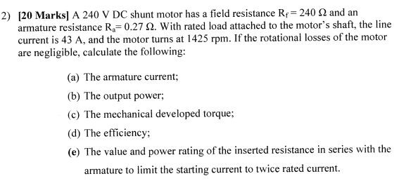 Solved A 240 V DC shunt motor has a field resistance R_f = | Chegg.com