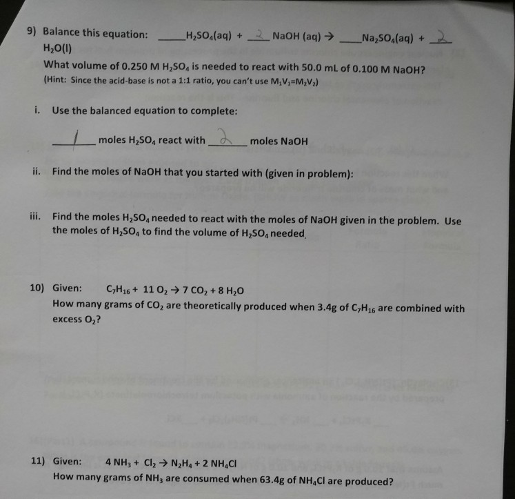 Solved 9) Balance this equation: H20(1) What volume of 0.250 | Chegg.com