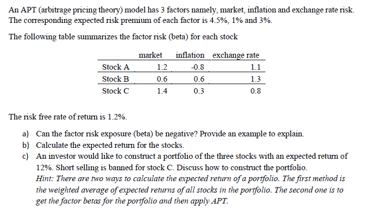 Solved An APT (arbitrage pricing theory) model has 3 factors | Chegg.com