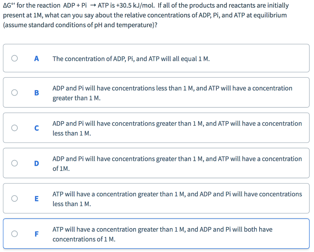 Solved ?G°' for the reaction ADP + Pi ? ATP is +30.5 kJ/mol. | Chegg.com