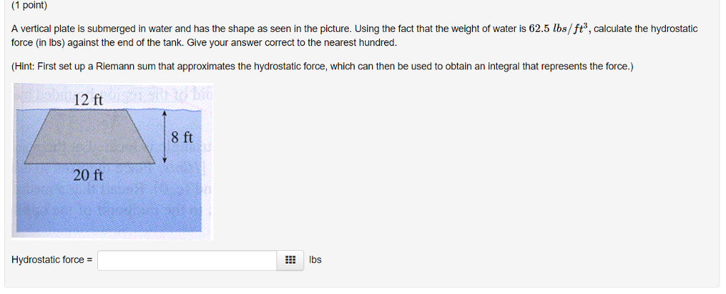 Solved A vertical plate is submerged in water and has the | Chegg.com