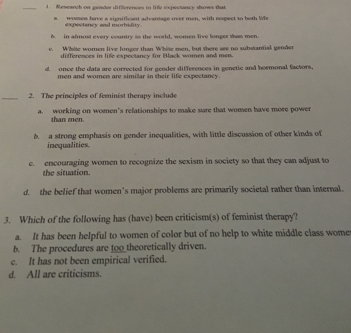 Research on gender differences in life expectancy | Chegg.com