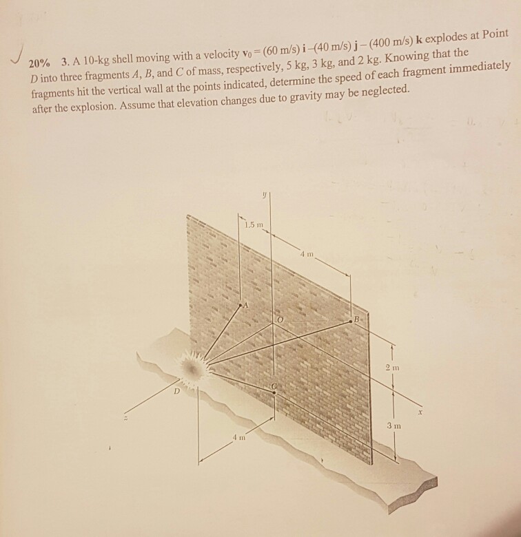 Solved 20% 3. A 10-kg shell moving with a velocity Vo = (60 | Chegg.com