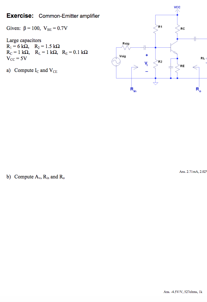 Solved VCC Exercise: Common-Emitter amplifier Given: β= 100, | Chegg.com