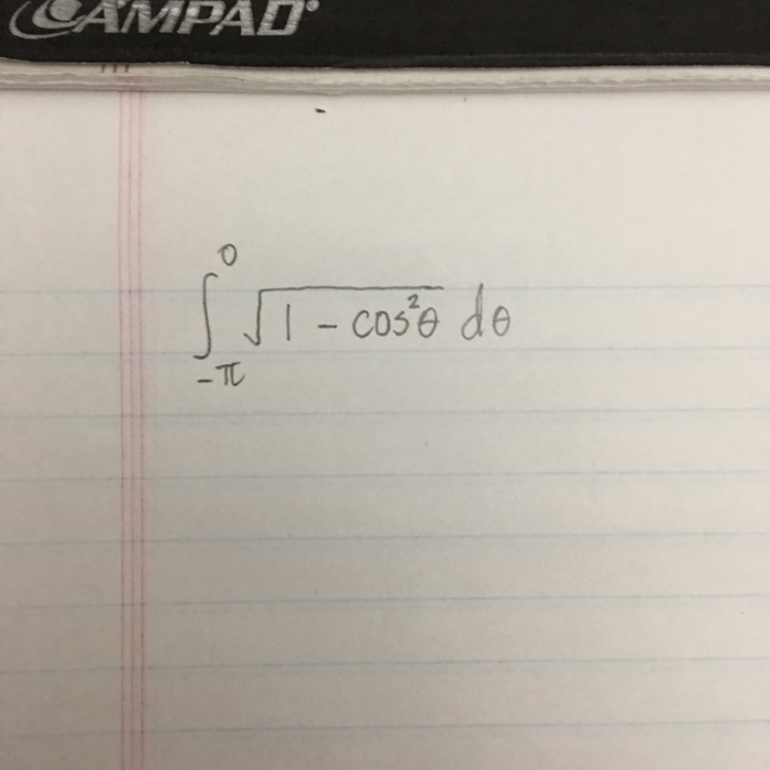 Solved integral_-pi^0 Squareroot 1 - cos^2 theta d theta | Chegg.com