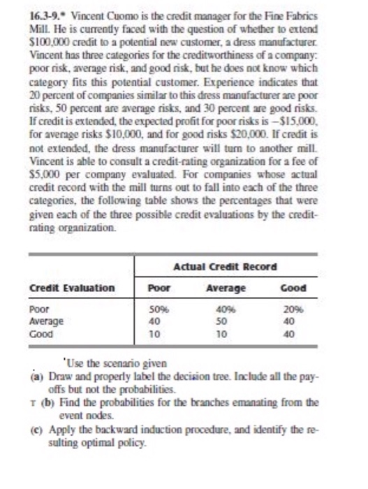 Solved Vincent Cuomo is die credit manager for die Fine | Chegg.com