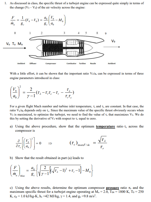 Solved 1. As discussed in class, the specific thrust of a | Chegg.com