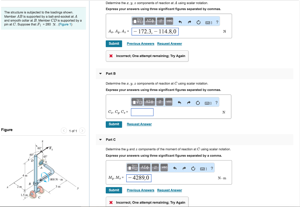 Solved Determine The Y Z Components Of Reaction At A 