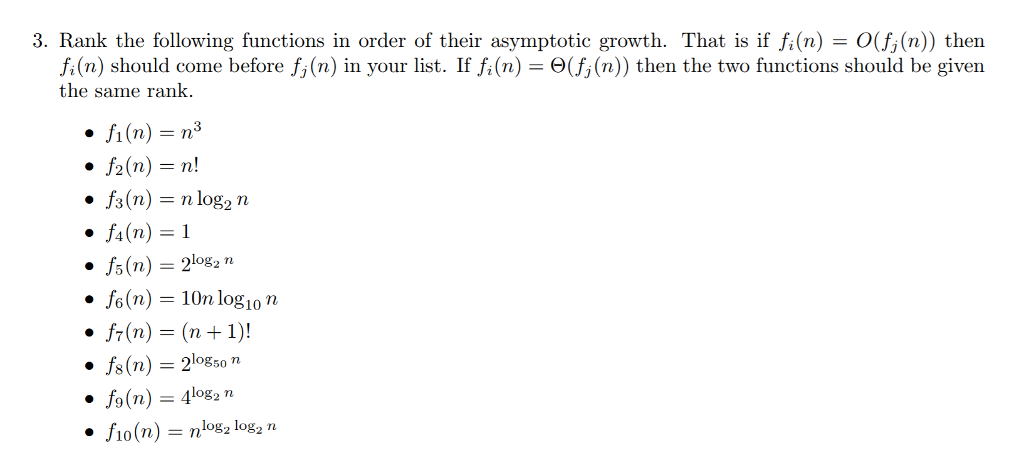 Solved 3. Rank the following functions in order of their | Chegg.com