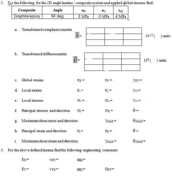 Solved For the following for the 2D angle lamina/composite | Chegg.com