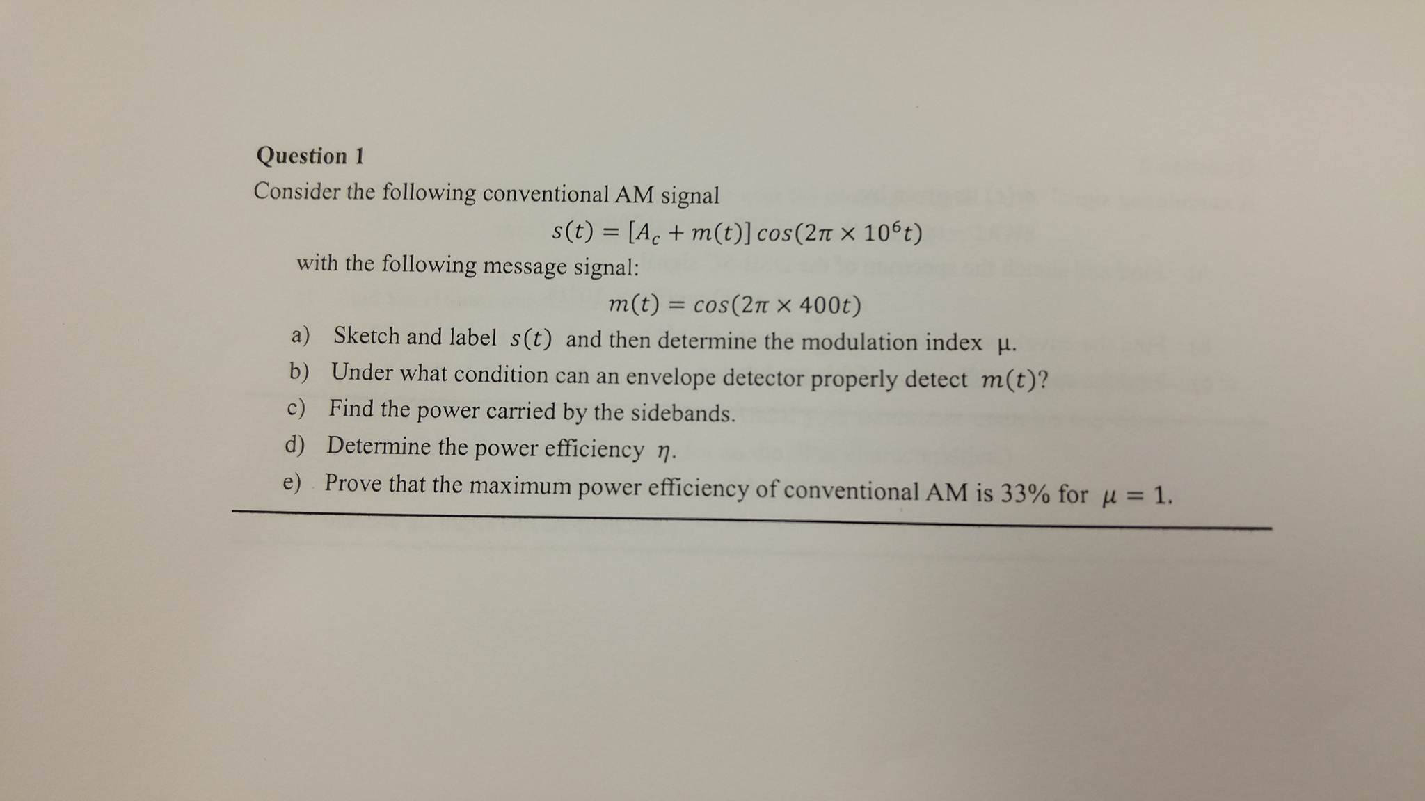 Solved Question 1 Consider the following conventional AM | Chegg.com