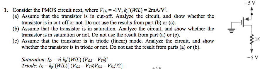 Solved 1. Consider the PMOS circuit next, where V1V, k | Chegg.com