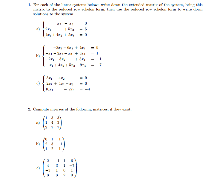 Solved 1. For each of the Linear systems below: write down | Chegg.com