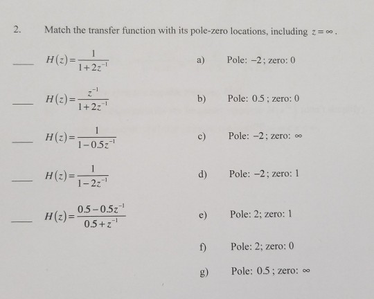 Solved 2. Match the transfer function with its pole-zero | Chegg.com