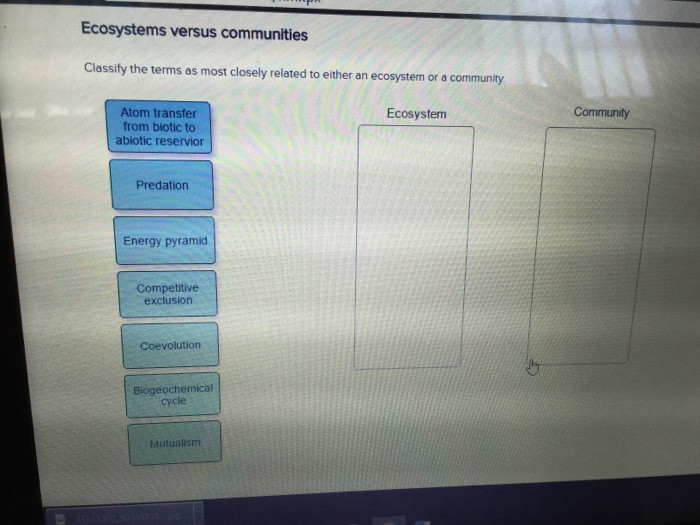 Solved Ecosystems versus communities Classify the terms as | Chegg.com