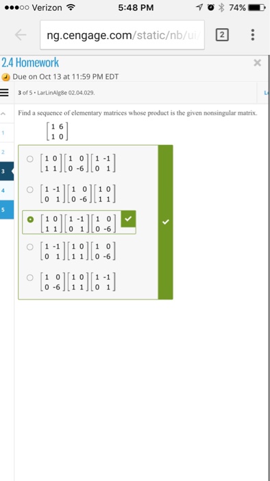 Solved Find a sequence of elementary matrices whose product | Chegg.com