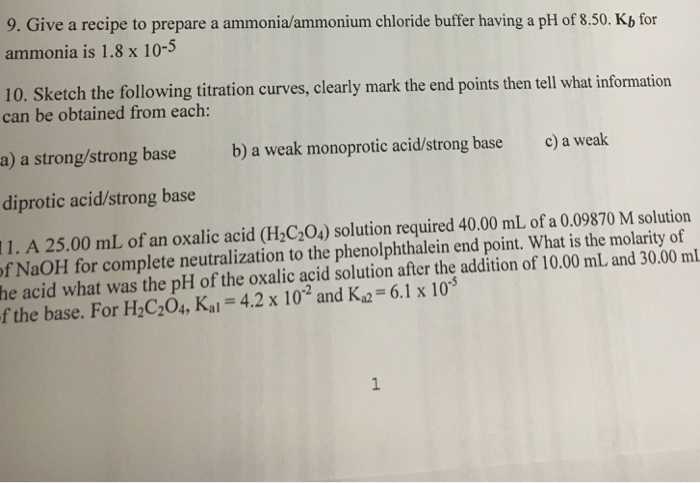 Solved Give a recipe to prepare a ammonia/ammonium chloride | Chegg.com