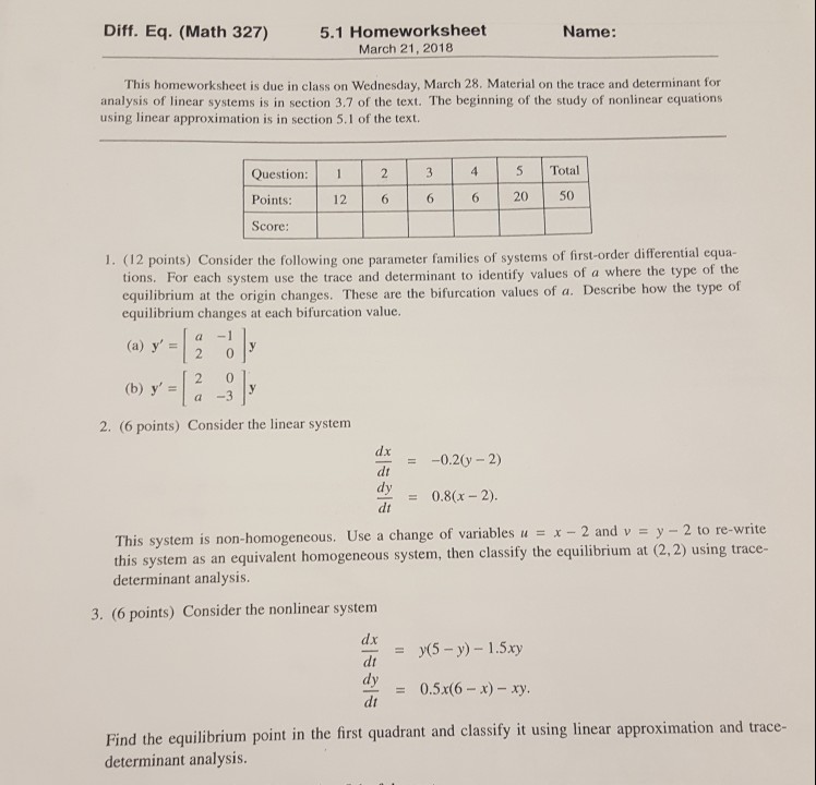 Solved Diff. Eq. (Math 327) 5.1 Homeworksheet March 21, 2018 | Chegg.com