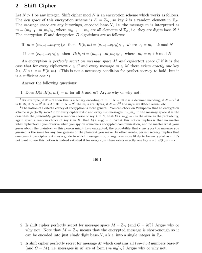 Solved 2 Shift Cipher Let N1 Be Any Integer Shift Cipher