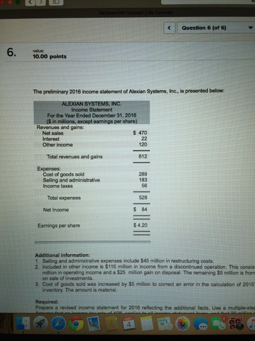 The preliminary 2016 income statement of Alexian | Chegg.com