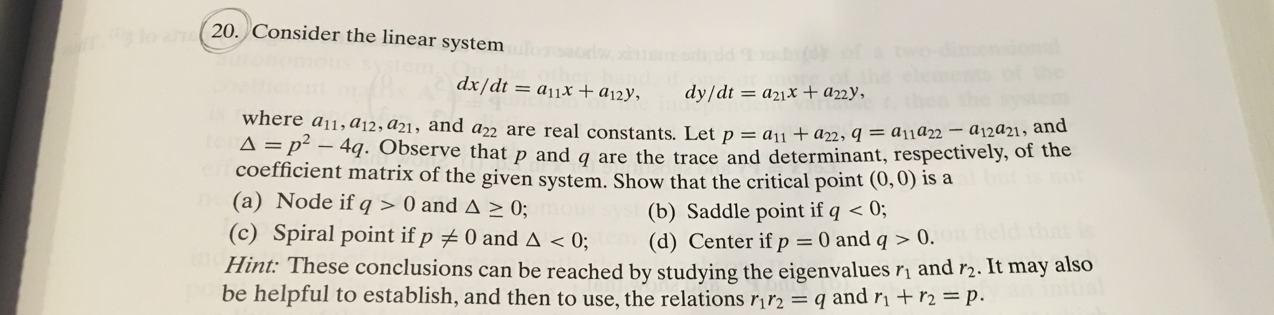Consider the linear system dx/dt = a_11 x + a_12 y, | Chegg.com