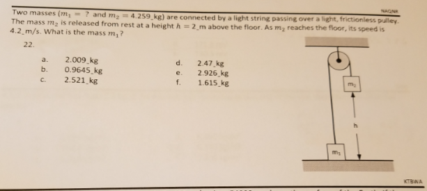 Solved Two masses (m1 = ? and m2 = 4.259 kg) are connected | Chegg.com