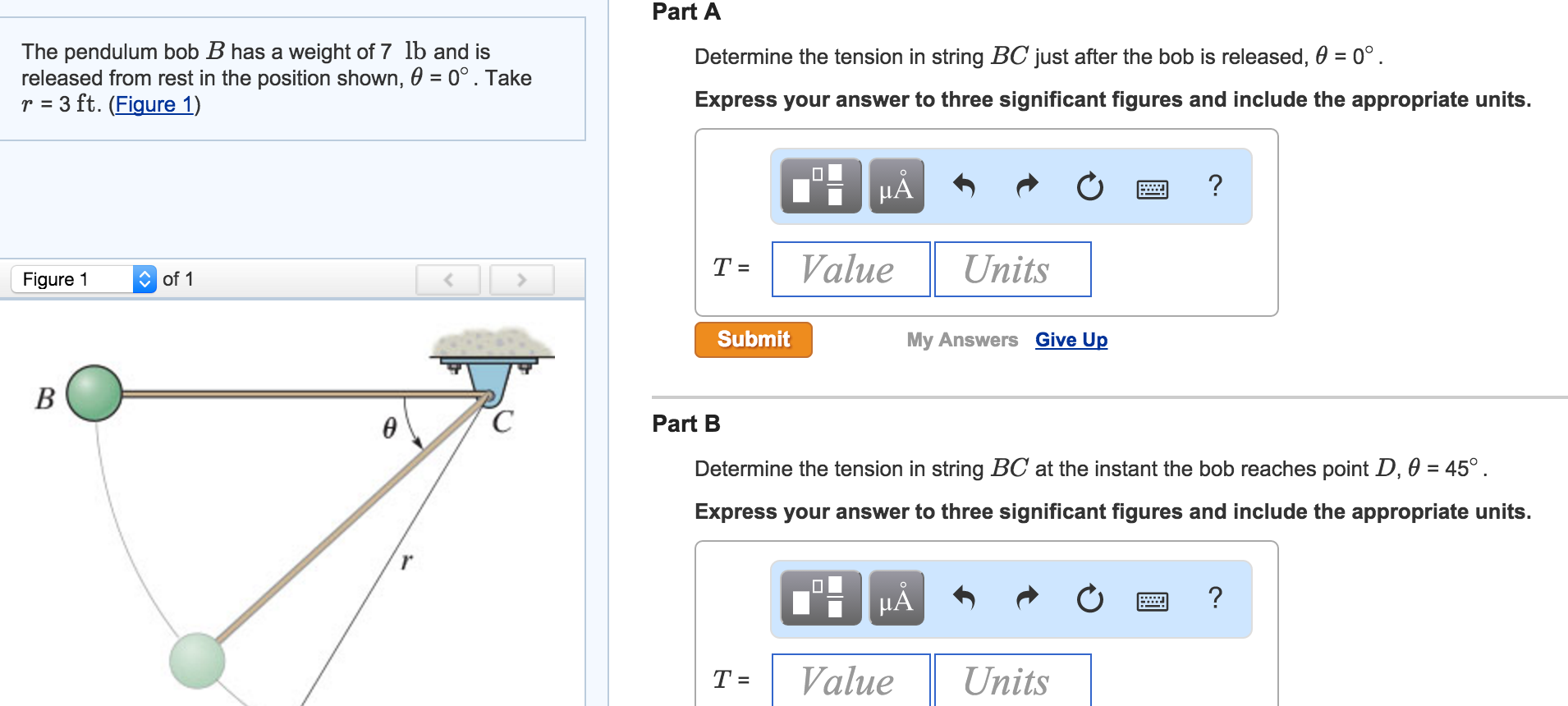 Solved The pendulum bob B has a weight of 7 lb and is | Chegg.com