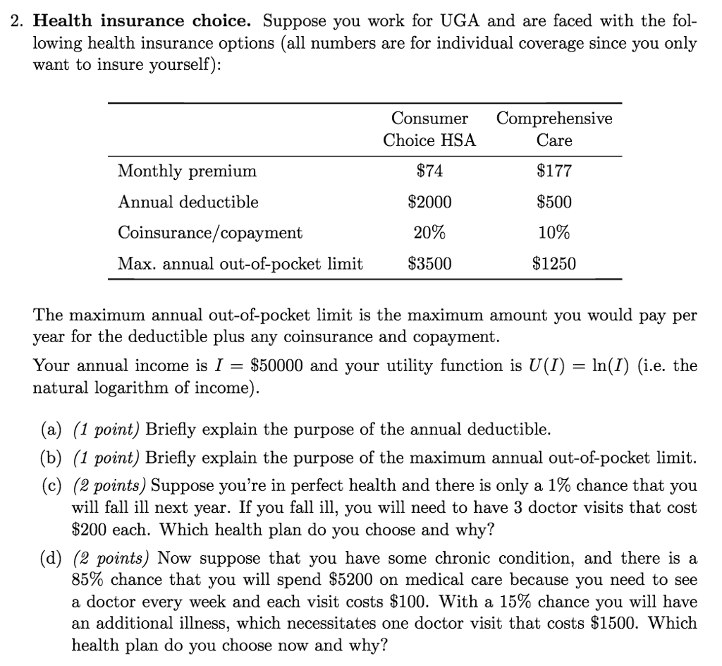 Solved Health insurance choice. Suppose you work for UGA and | Chegg.com