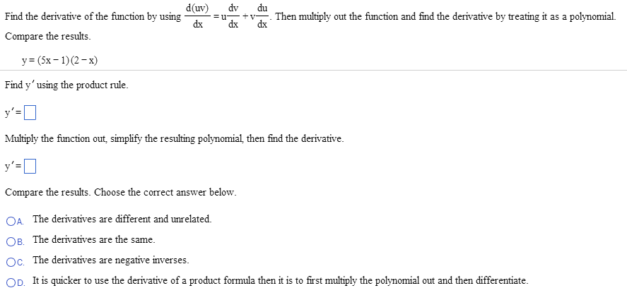 Solved d(uv dv du Find the derivative of the function by | Chegg.com
