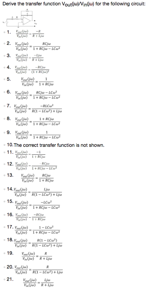 Solved Derive the transfer function Voutjw)Vinjw) for the | Chegg.com