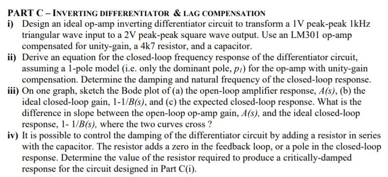 Solved PART C INVERTING DIFFERENTIATOR & LAG COMPENSATION i) | Chegg.com
