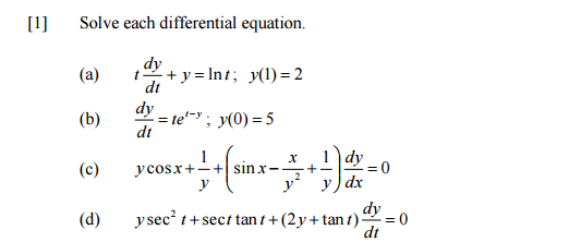 Solved Solve each differential equation. tdy/dt + y = ln t; | Chegg.com