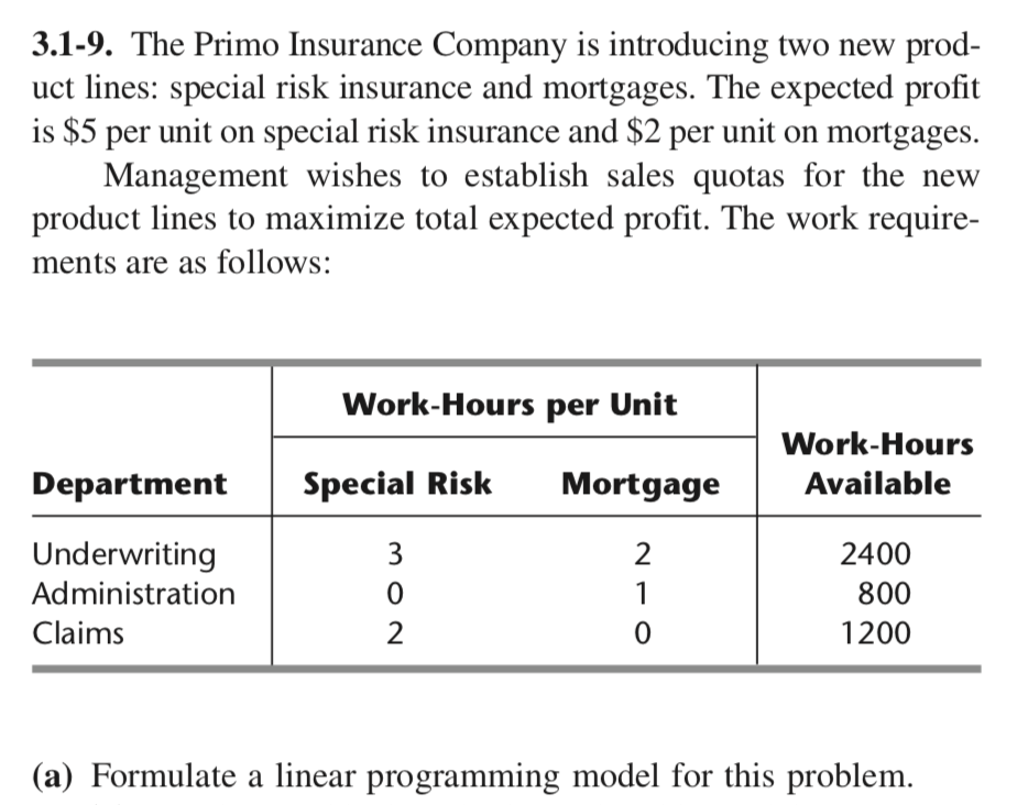 Solved 3.1-9. The Primo Insurance Company is introducing two | Chegg.com
