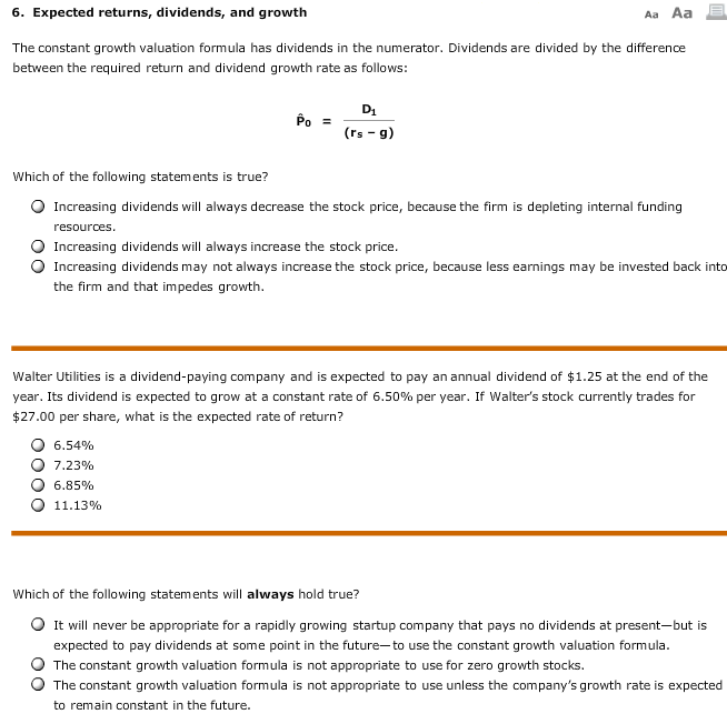 Solved 6. Expected returns, dividends, and growth Aa Aa The | Chegg.com