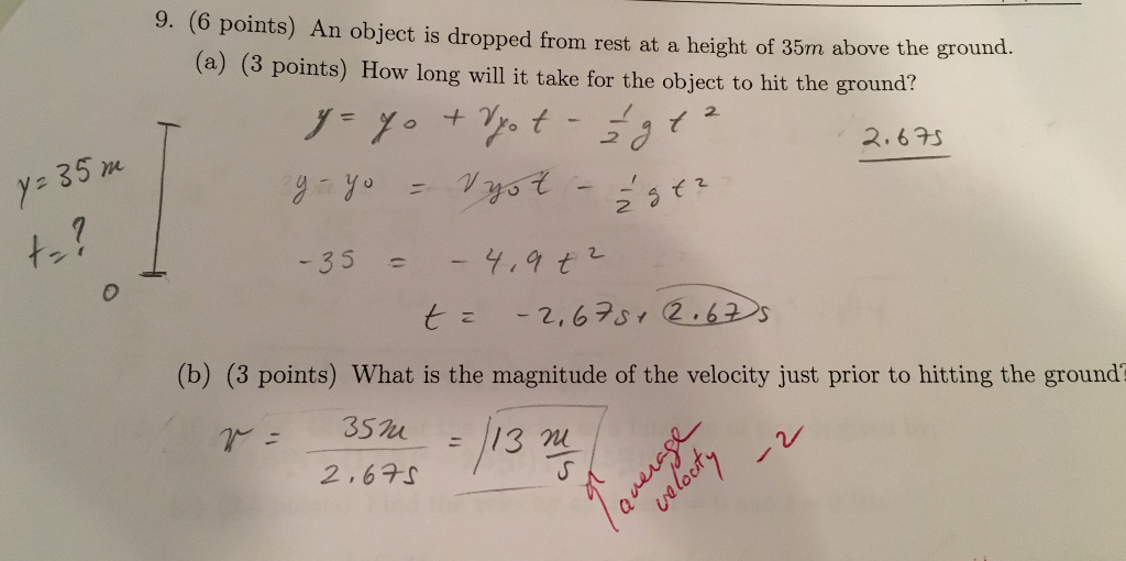 Solved 9. (6 points) An object is dropped from rest at a | Chegg.com