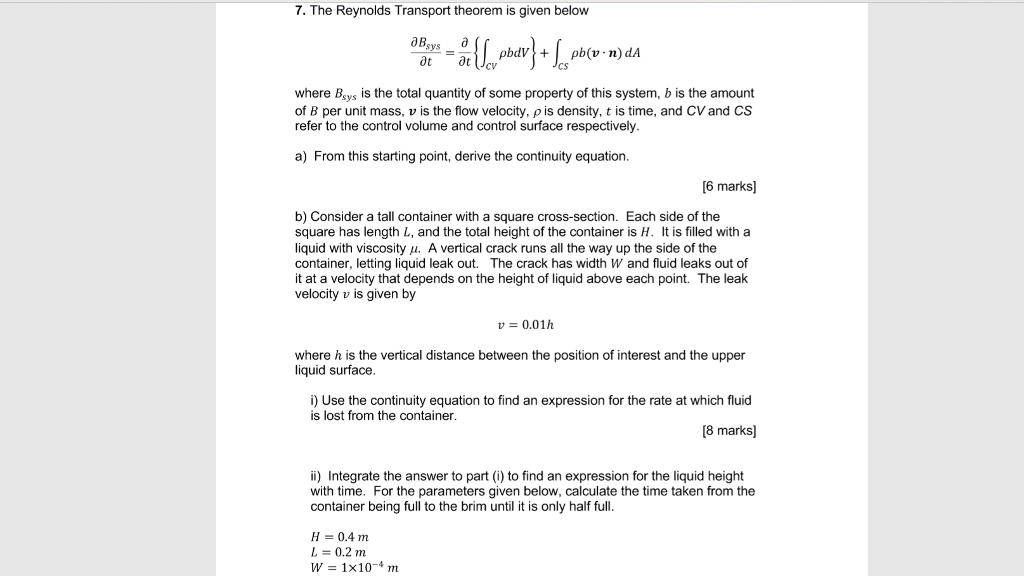 Solved 7. The Reynolds Transport theorem is given below | Chegg.com