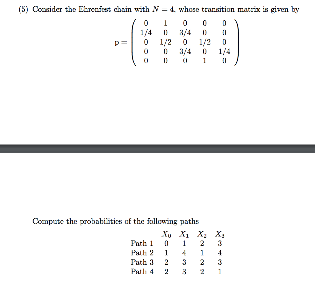 Solved (5) Consider the Ehrenfest chain with N- 4, whose | Chegg.com