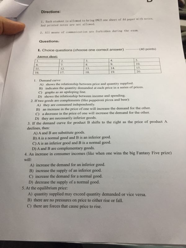 Solved Directions 1. Each student is allowed to bring oNLY | Chegg.com
