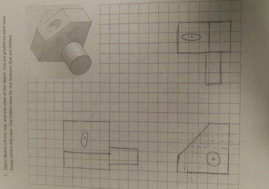 Solved (5pts) Sketch a front, top, and side view of the | Chegg.com