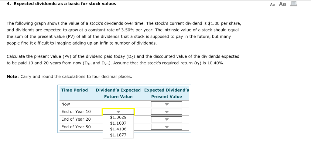 Solved 4. Expected dividends as a basis for stock values Aa | Chegg.com