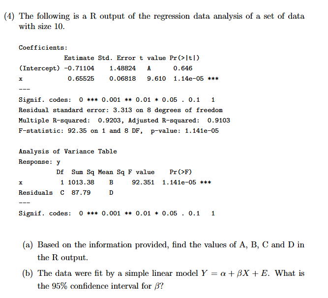 Solved (4) The following is a R output of the regression | Chegg.com